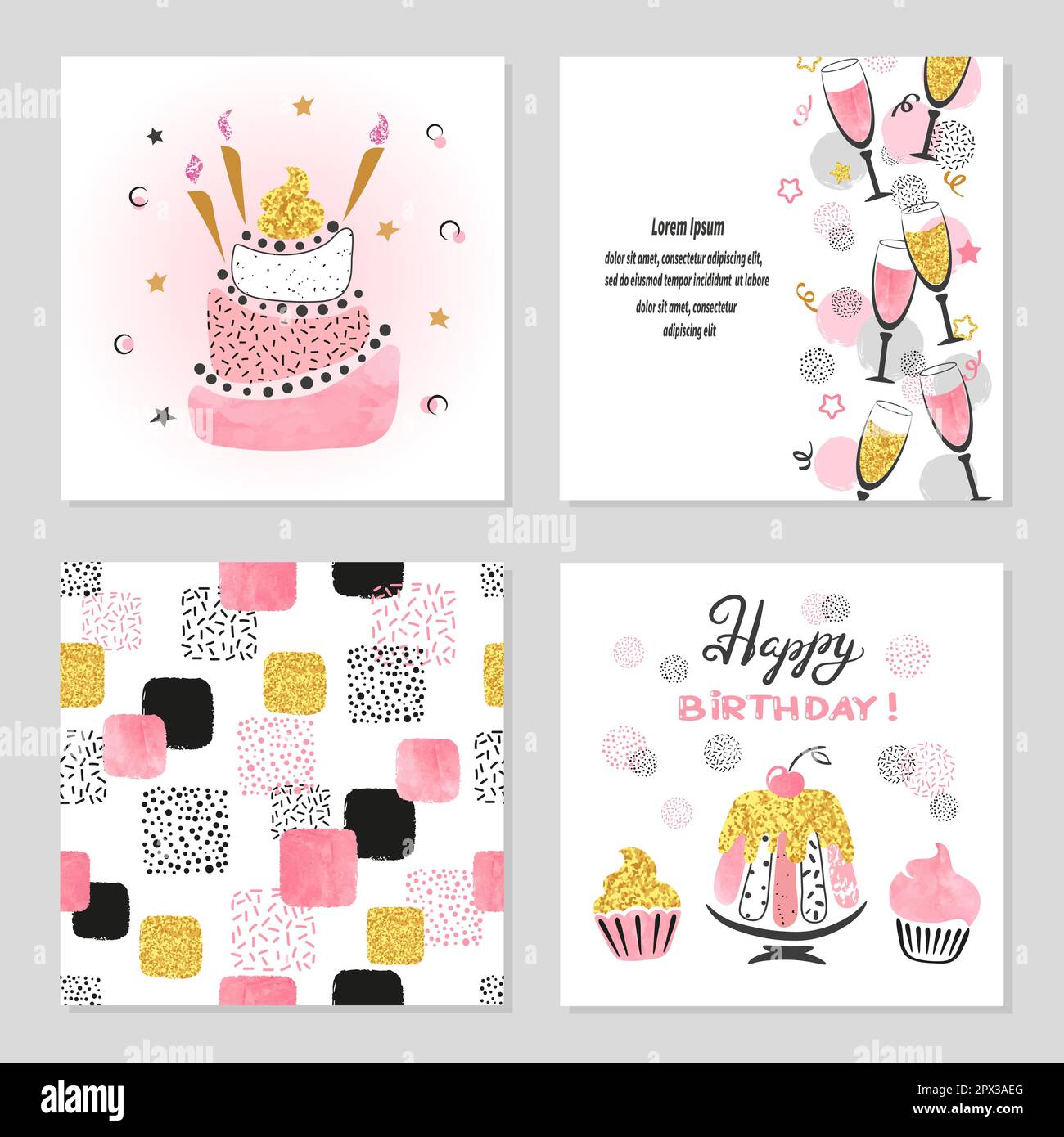 Happy Birthday cards set in pink and golden colors. Celebration vector ...