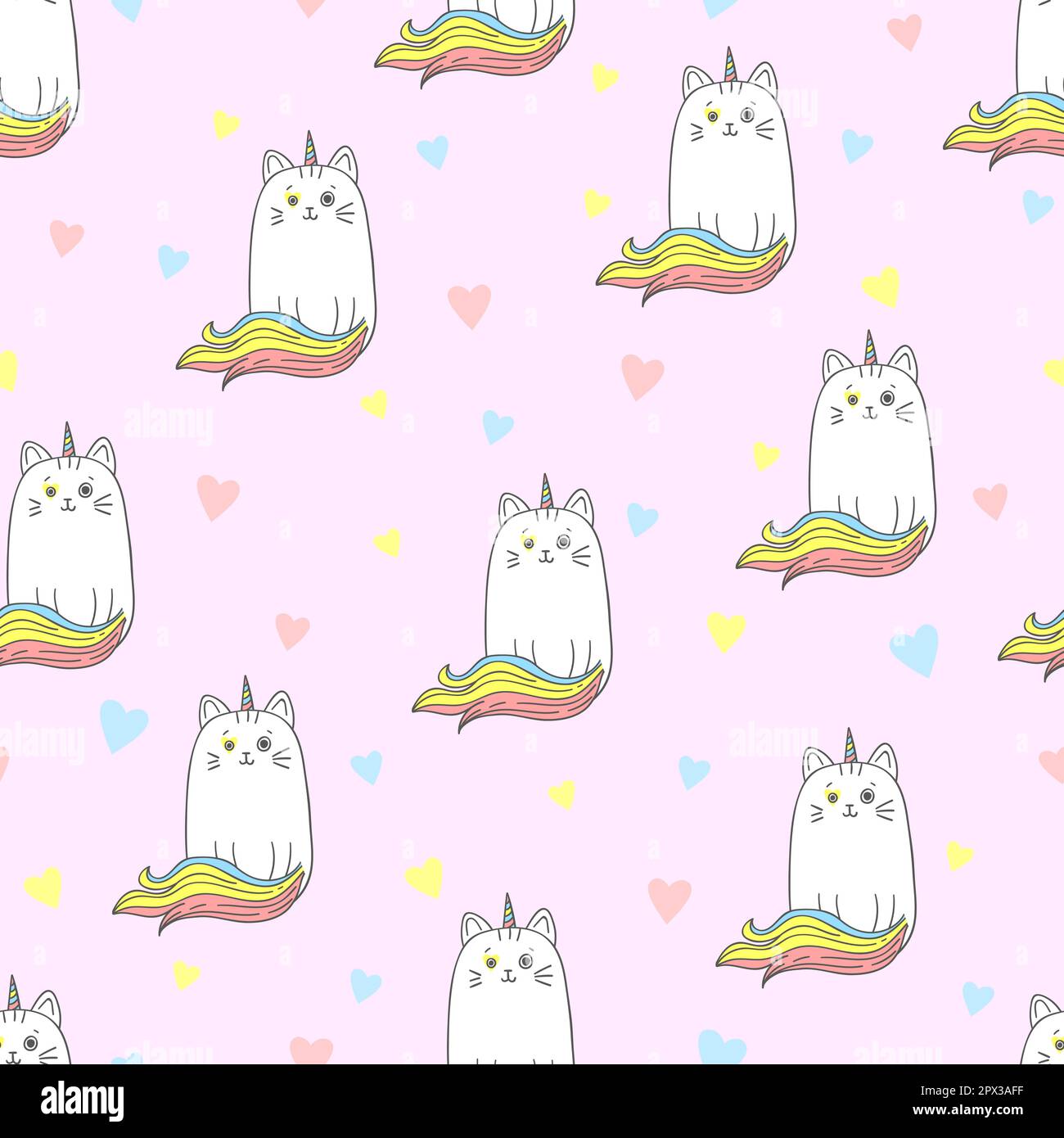 Cute rainbow cat unicorn seamless pattern. Vector background for kids ...