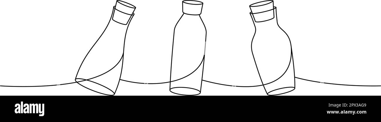 Set of glass bottles one line continuous drawing. Empty glass bottles ...