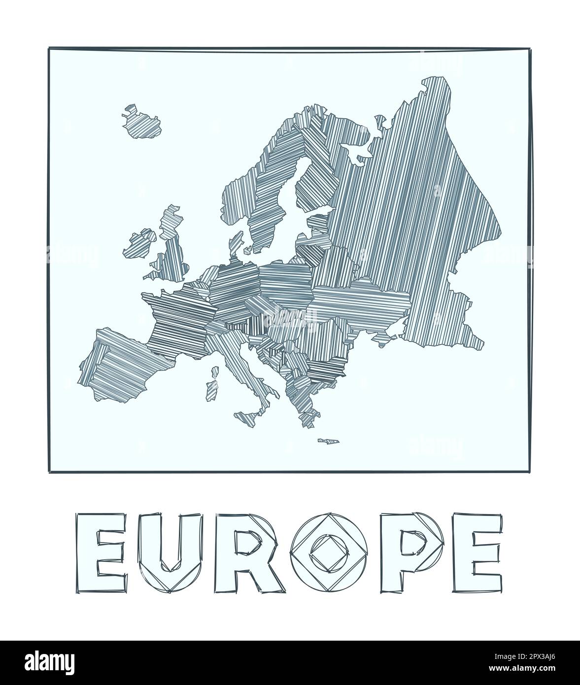 Sketch map of Europe. Grayscale hand-drawn map of the continent. Filled ...