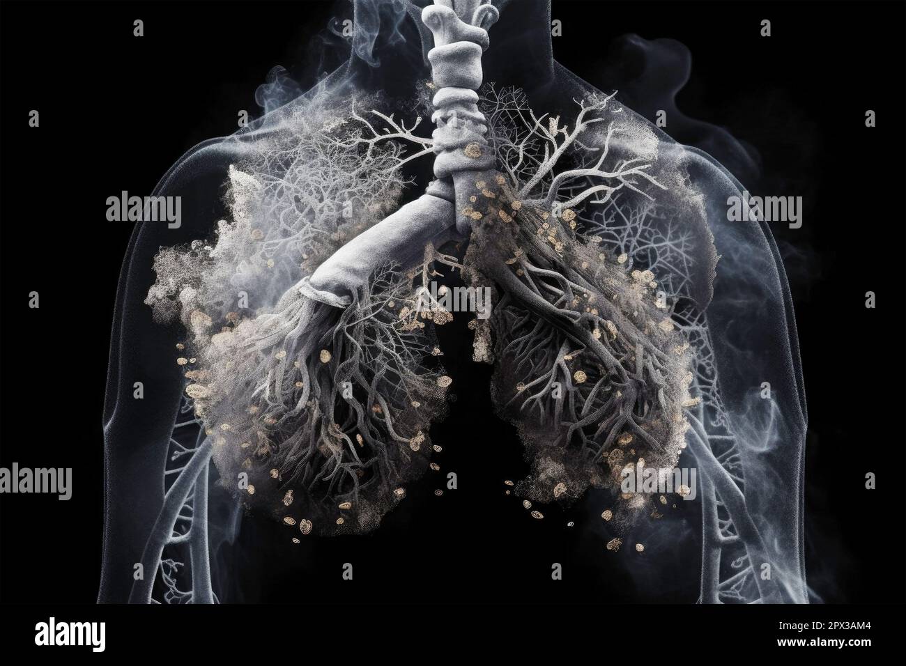 Silhouette of a man with diseased smoky lungs. The lungs of a sick ...