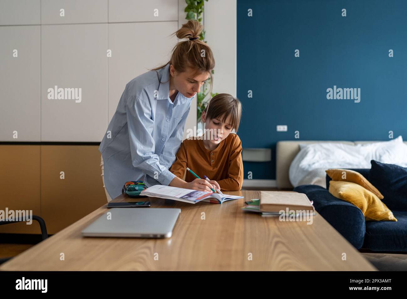 Happy child boy learning foreign language with private teacher tutor at ...