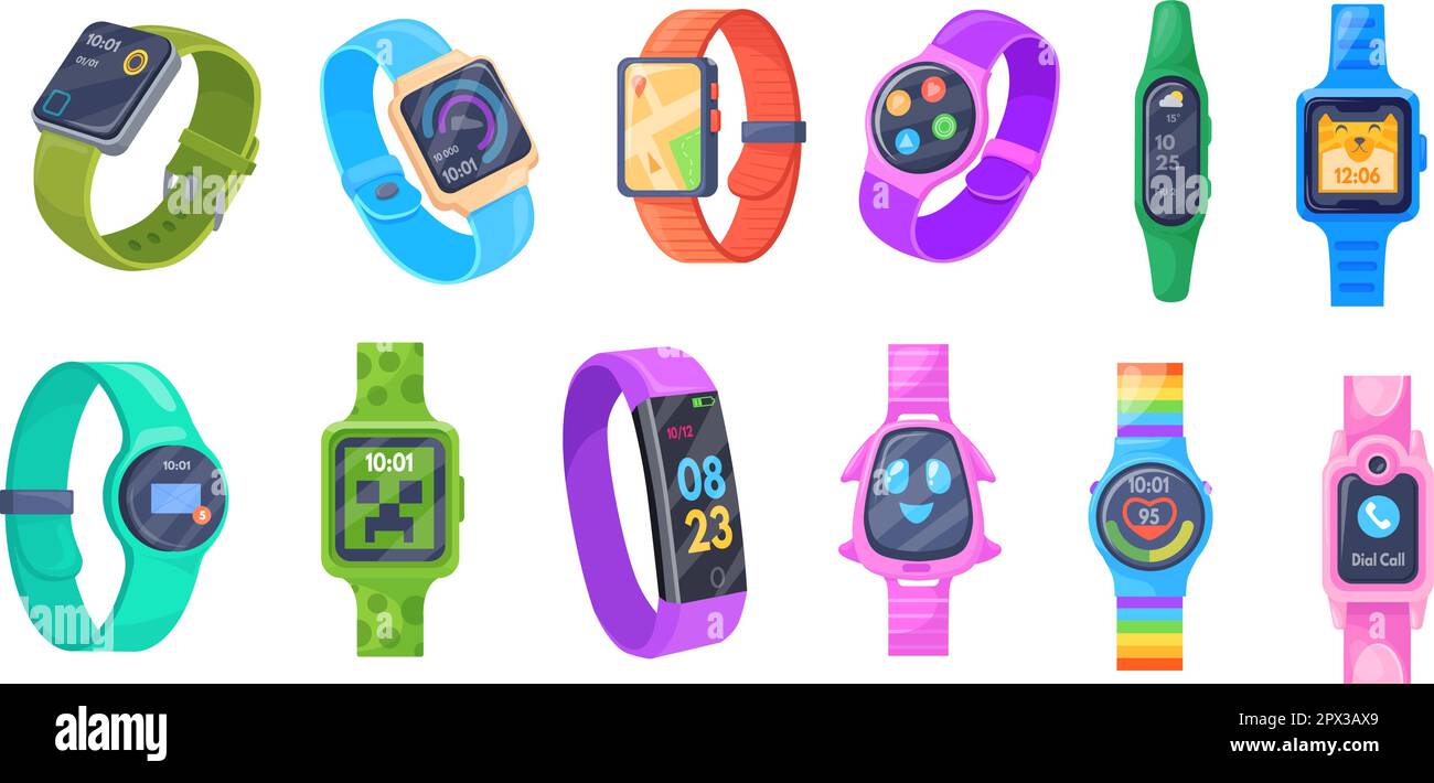 Cartoon smartwatch. Kids smart watch, sport wristwatch fitness trackers ...