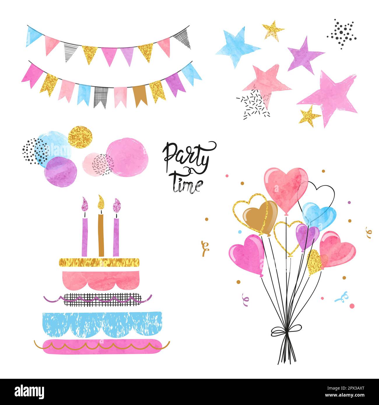 Birthday party icon set. Vector colorful hand drawn illustration Stock ...