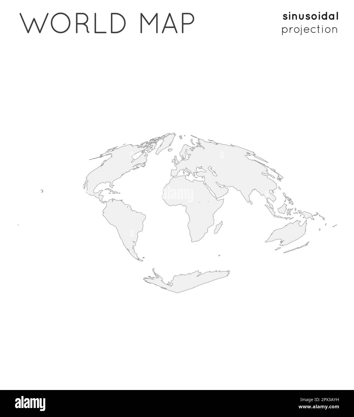 World Map Globe In Sinusoidal Projection Plain Style Outline Vector Illustration Stock Vector