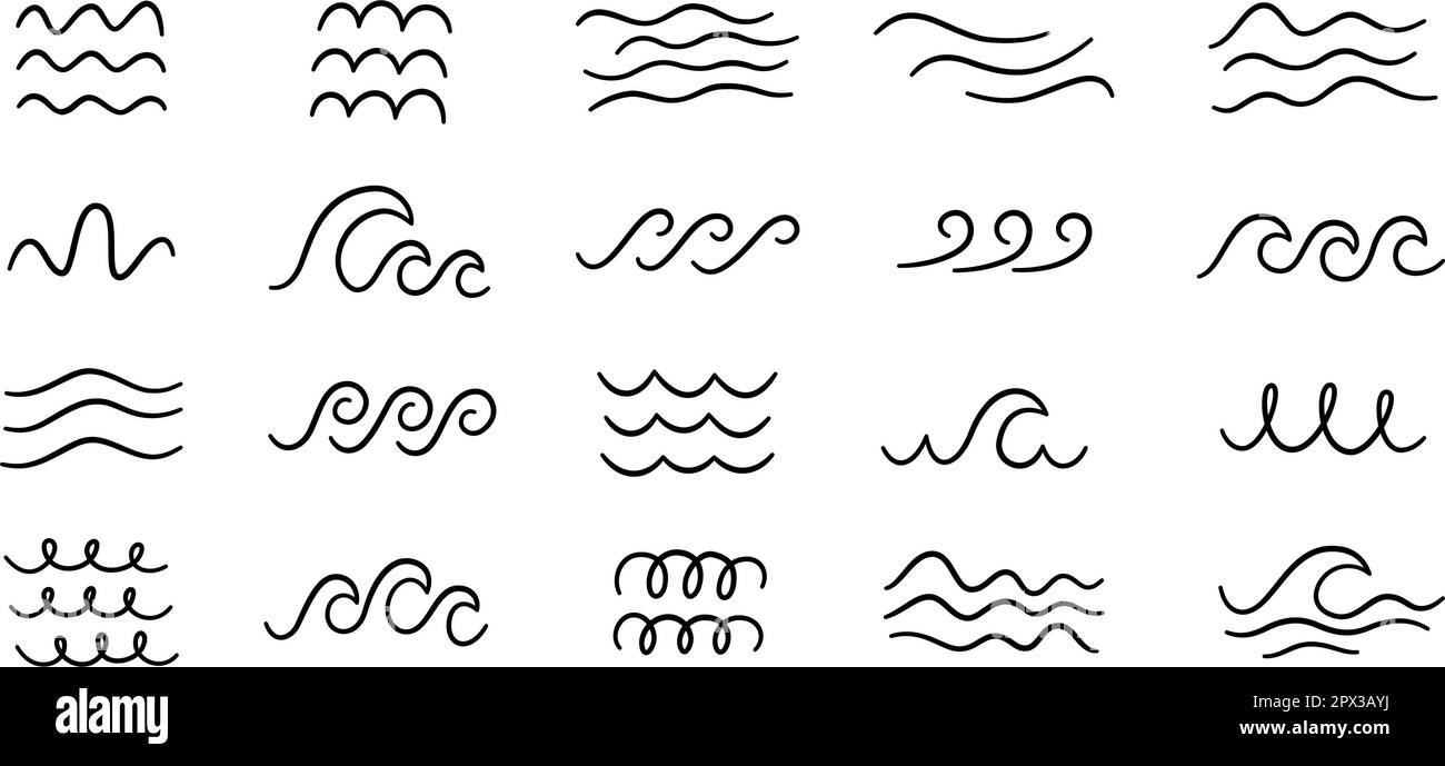 Doodle sea wave icons. Hand drawn simple wavy lines. Sea storm scribble ...