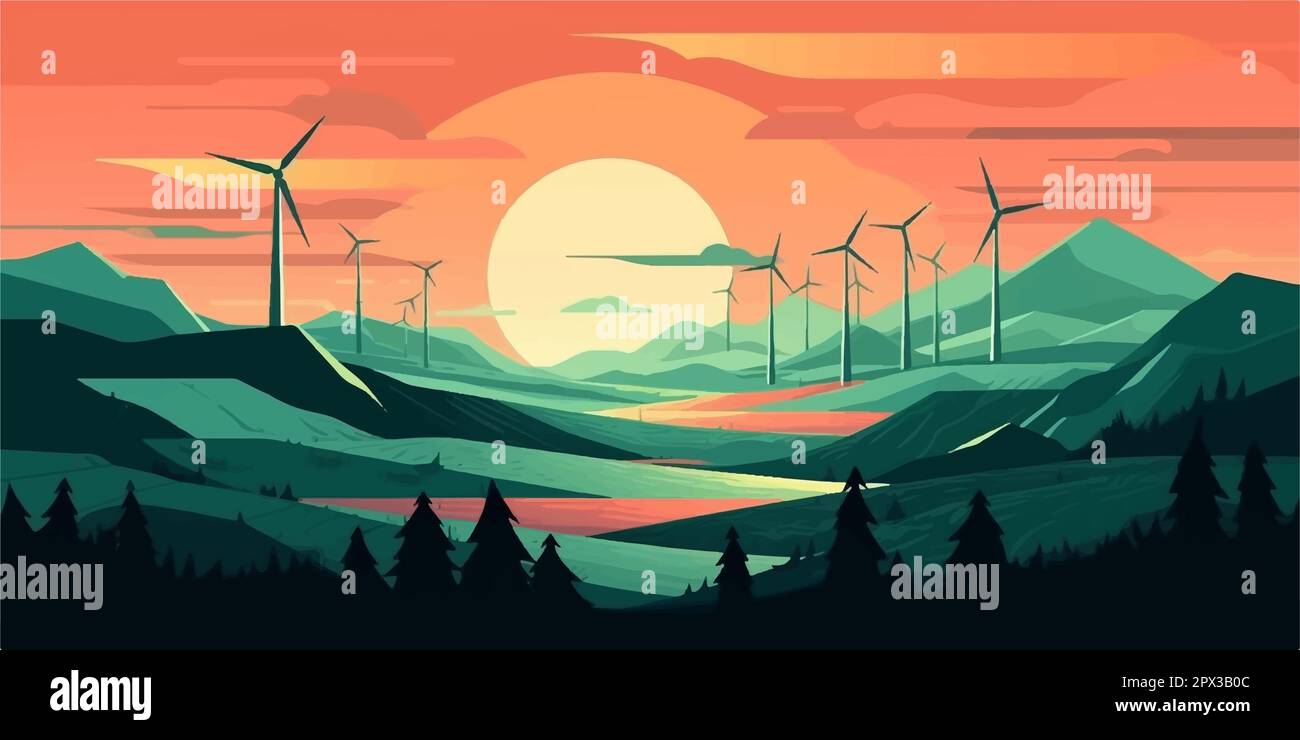 Landscape with wind turbines and hills at sunset. Vector illustration ...
