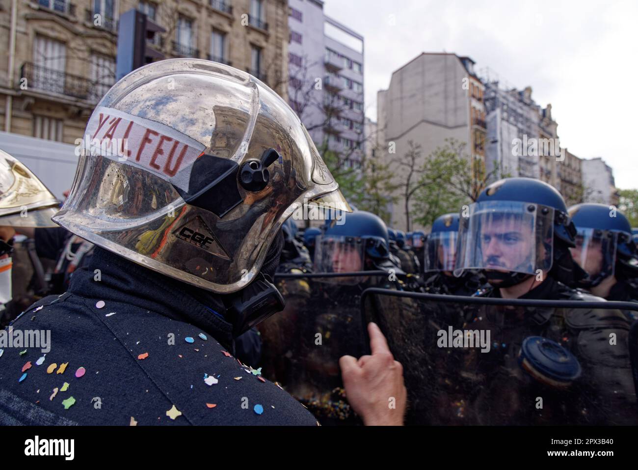 Paris, France. 1st May, 2023. Face to face between the firefighters and ...
