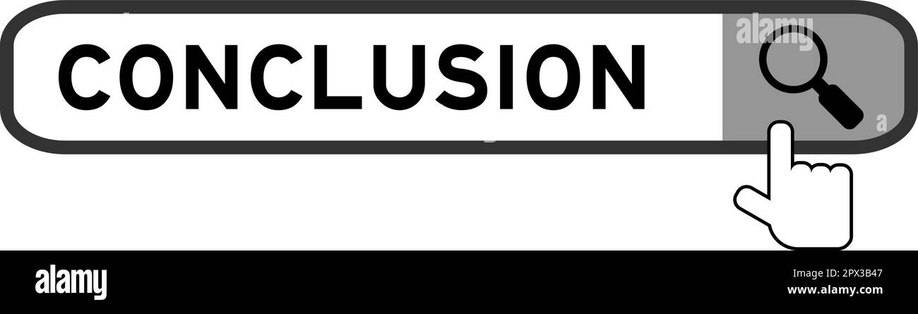 Search banner in word conclusion with hand over magnifier icon on white ...