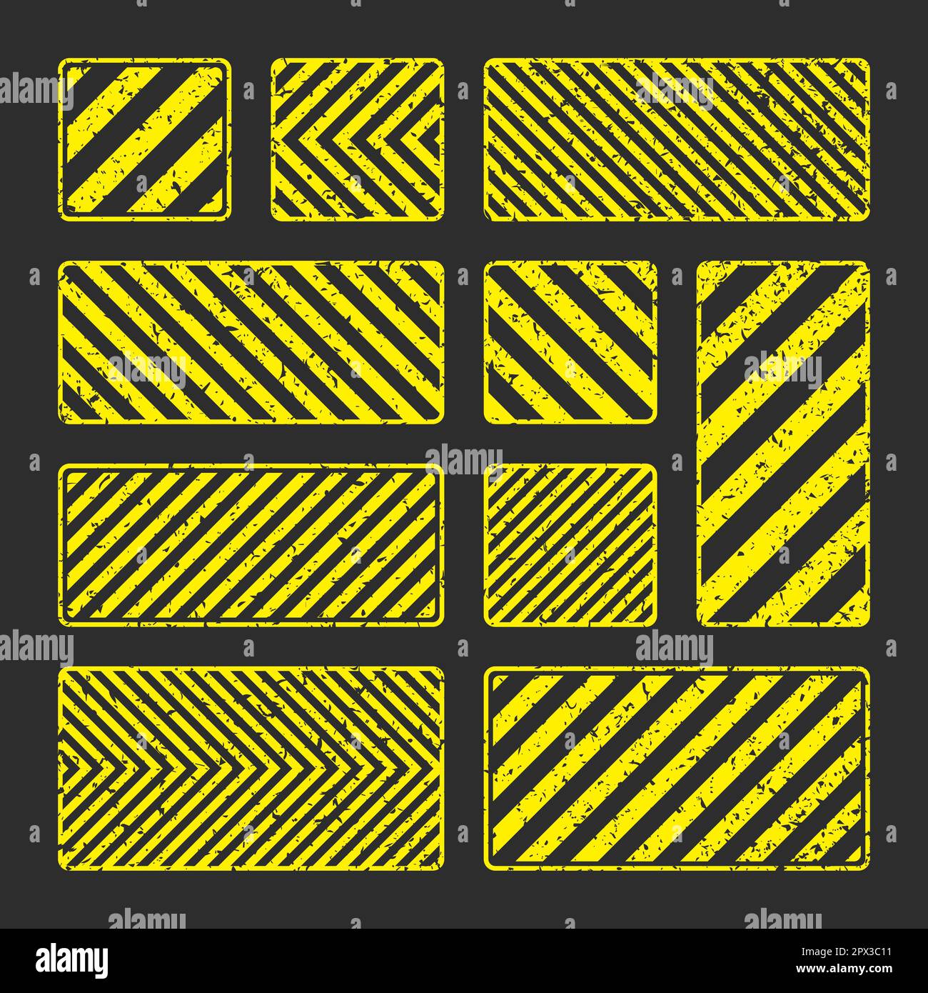 Various yellow grunge warning signs with diagonal lines. Old attention ...