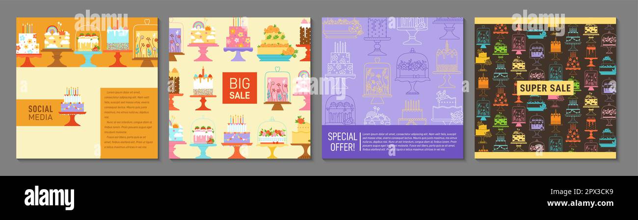 Birthday cakes trendy cover or square card design set. Delicious sweet ...