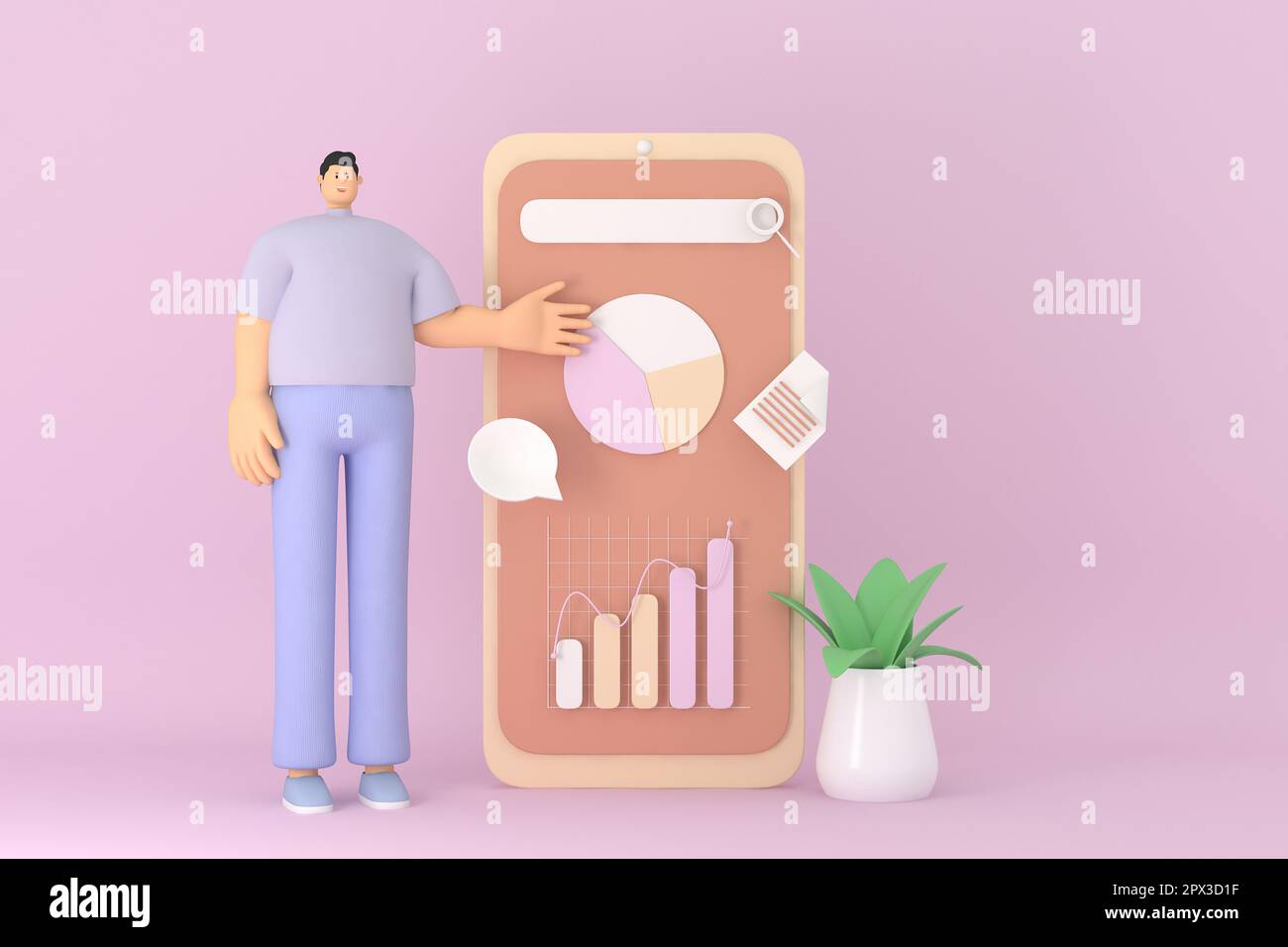 A male character presentation the infographic on mobile screen. 3d ...