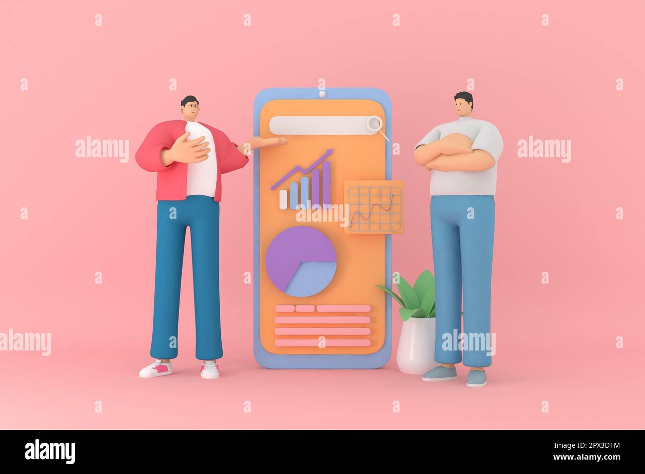 Two male character presentation the infographic on mobile screen. 3d ...