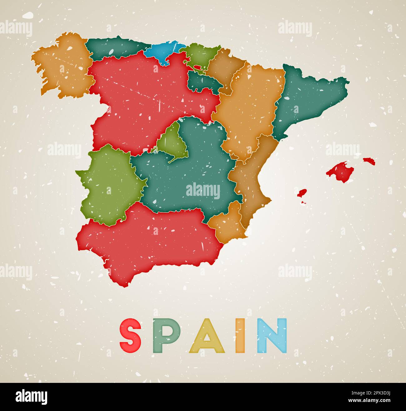 Spain map. Country poster with colored regions. Old grunge texture ...