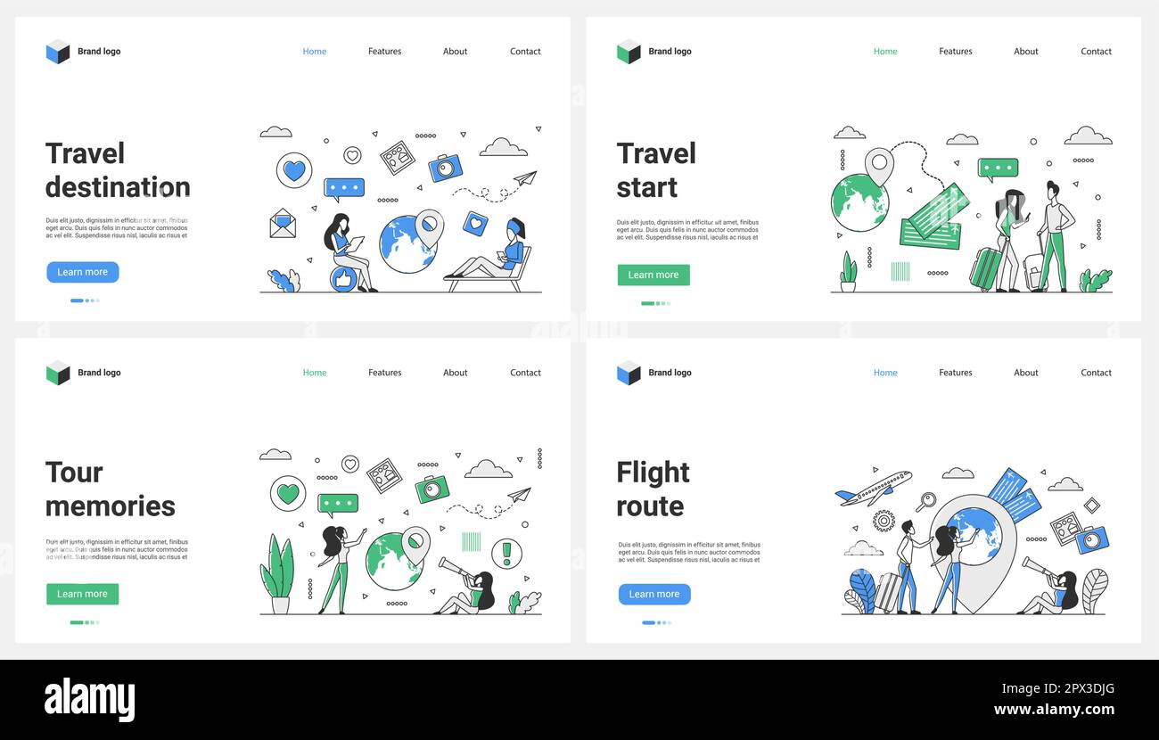 Start of journey, flight route and destination for travel set vector ...