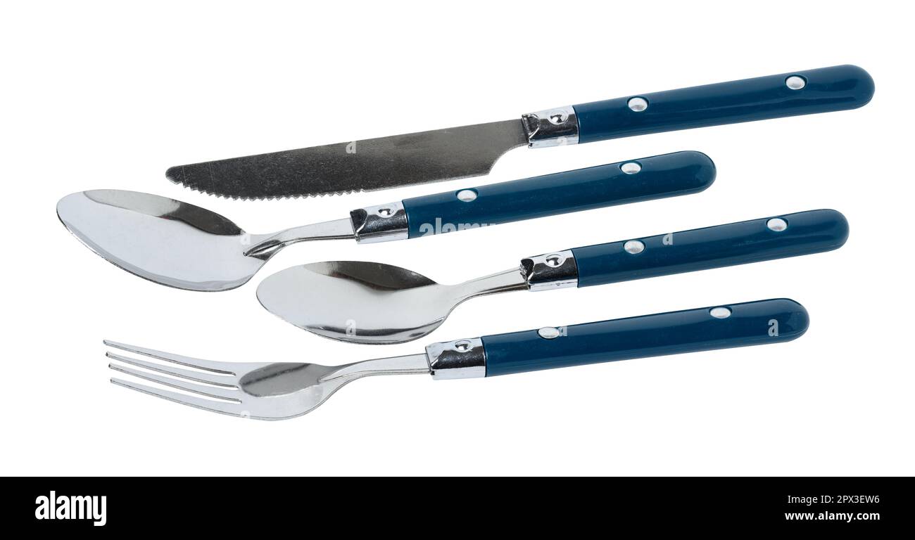 Metal cutlery with a blue plastic handle: fork, spoon, knife on a white ...