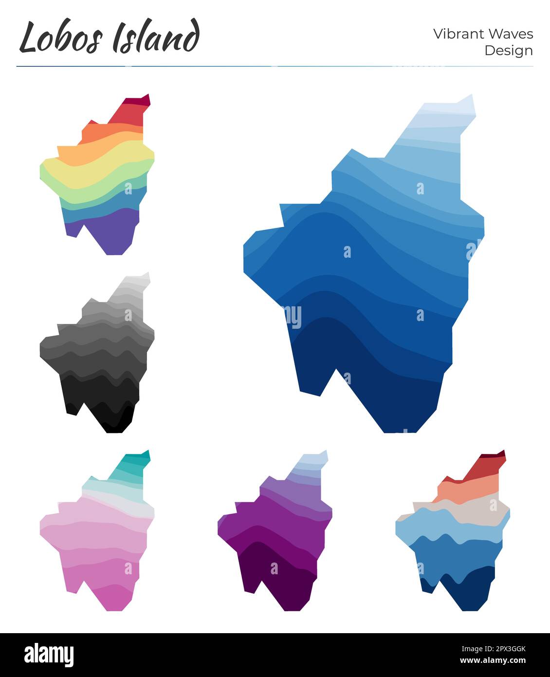 Set of vector maps of Lobos Island. Vibrant waves design. Bright map in geometric smooth curves ...