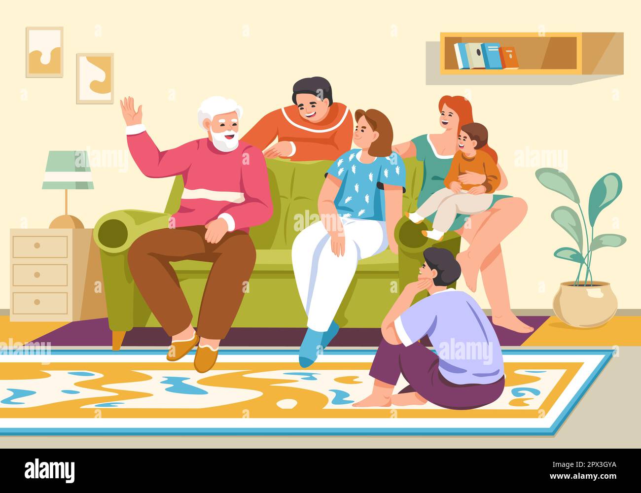 Grandfather story. Grandpa on sofa telling funny stories to laughing ...