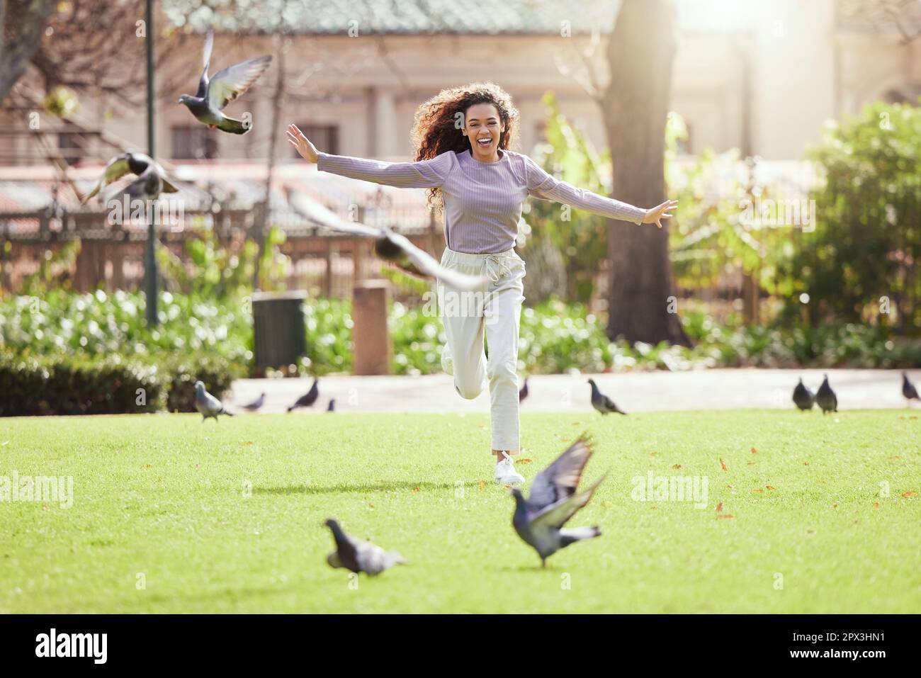 Embrace the freedom. a young woman chasing birds at a park Stock Photo ...