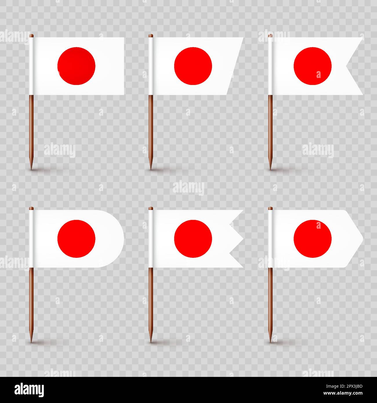 Realistic various Japanese toothpick flags. Souvenir from Japan. Wooden ...
