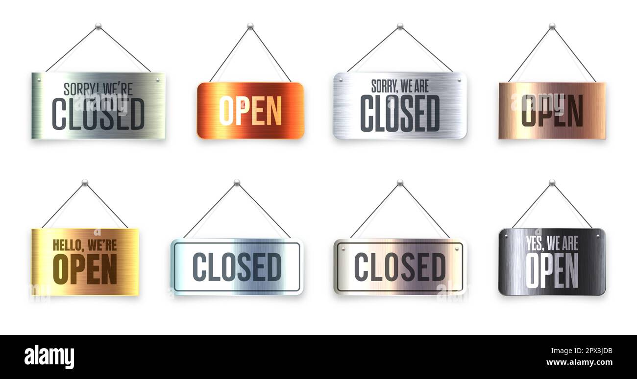 Brushed metal Open and Closed hanging signboards. Vintage door sign for ...