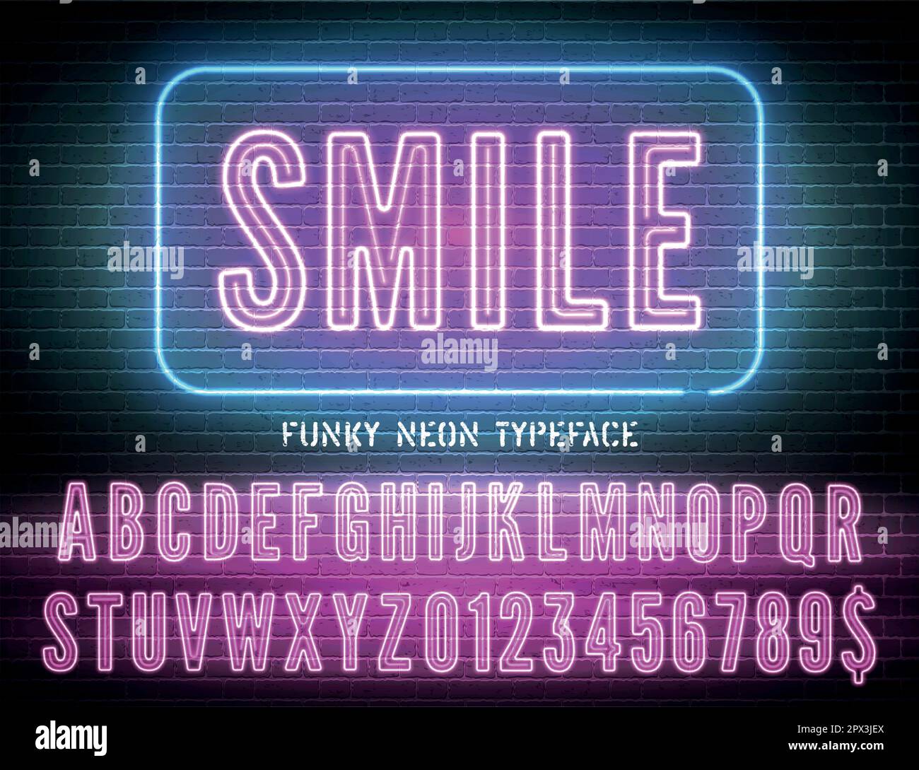 Night light extra glow font with numbers. Smile sign with pink narrow ...