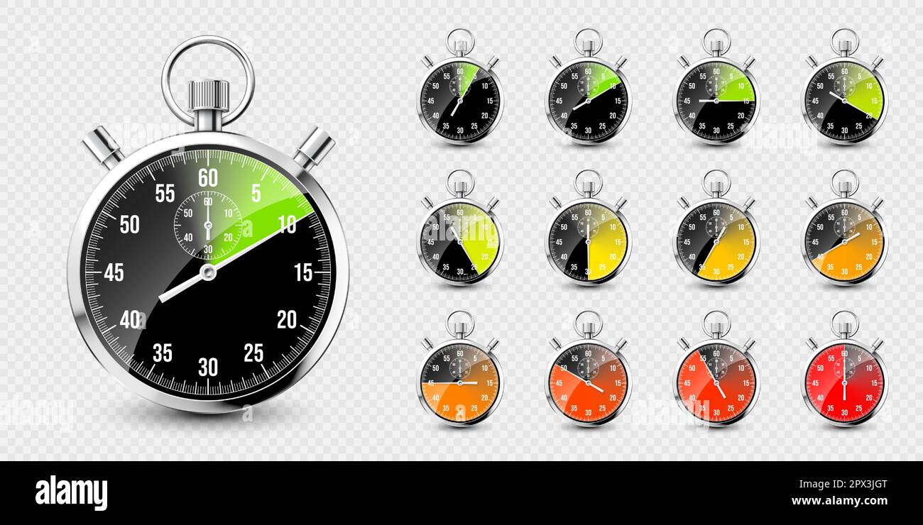 Realistic classic stopwatch. Shiny metal chronometer, time counter with ...