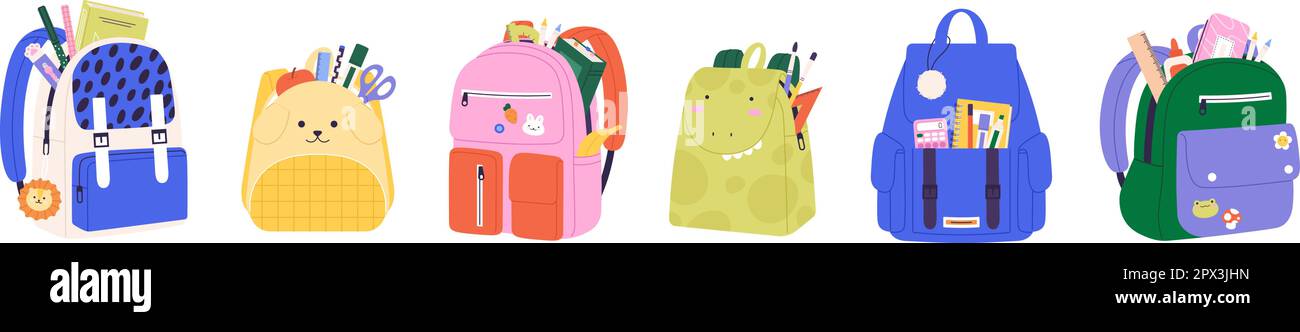 School backpack with study equipment. Kindergarten children bag ...