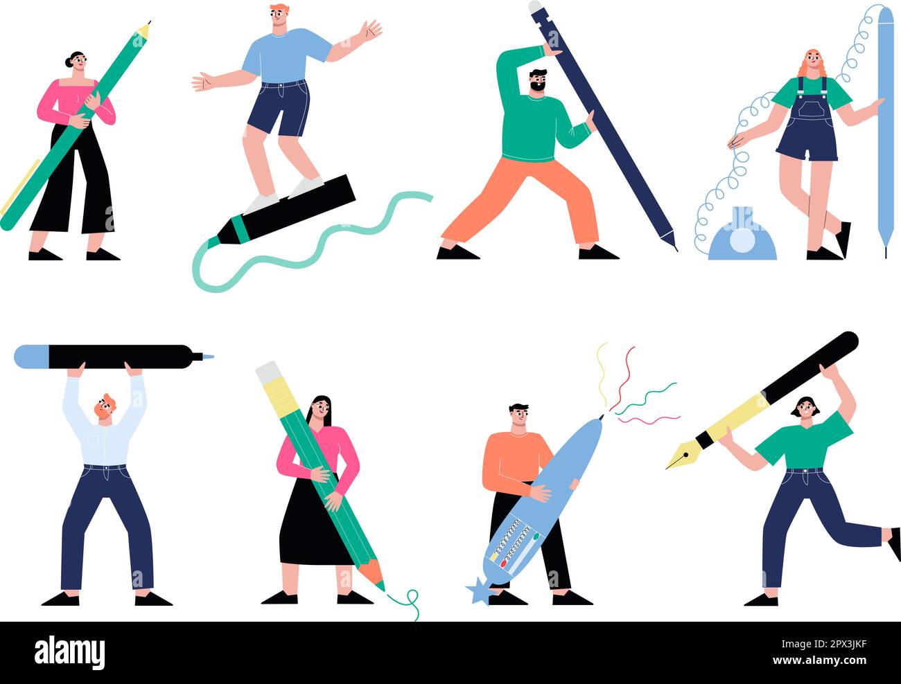 People with large pencil pen and marker. Giant pencils and tiny person ...