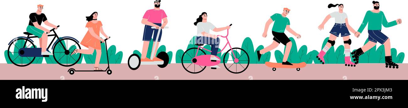People riding on different devices. Modern transportation with bicycle ...