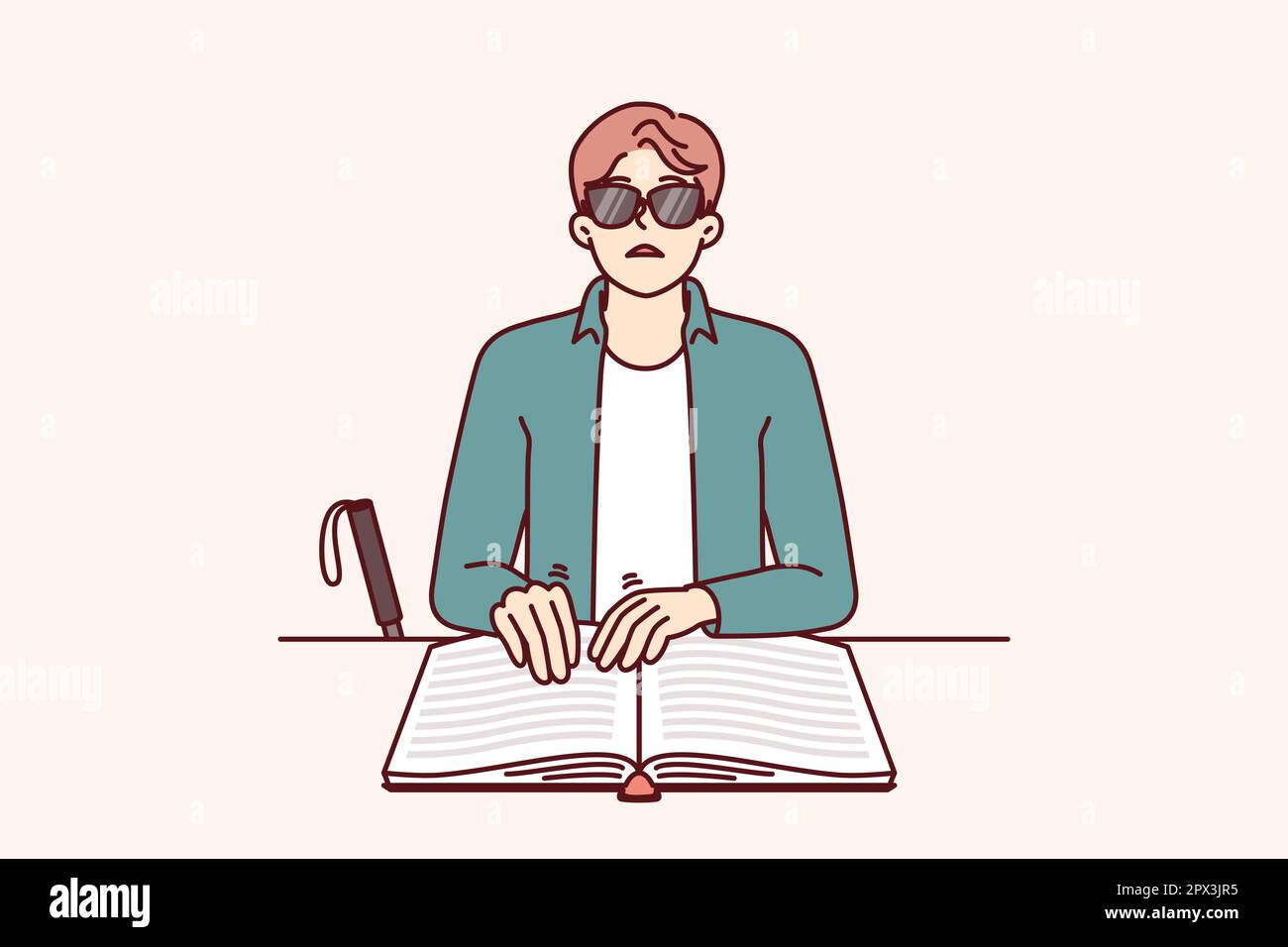 Blind man reads braille book by touching fingers to textbook with three ...