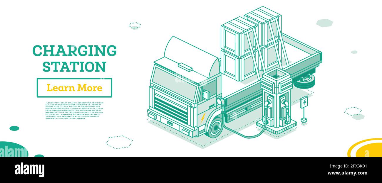 Isometric Electric Flatbed Cargo Truck with Boxes on Charging Station ...