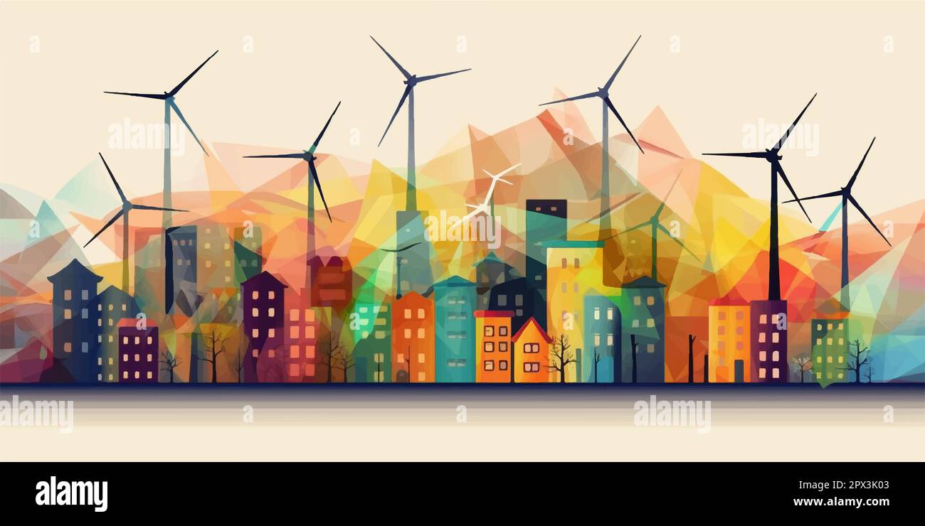 Eco cityscape with wind turbines and buildings. Vector illustration Stock Vector Image & Art - Alamy