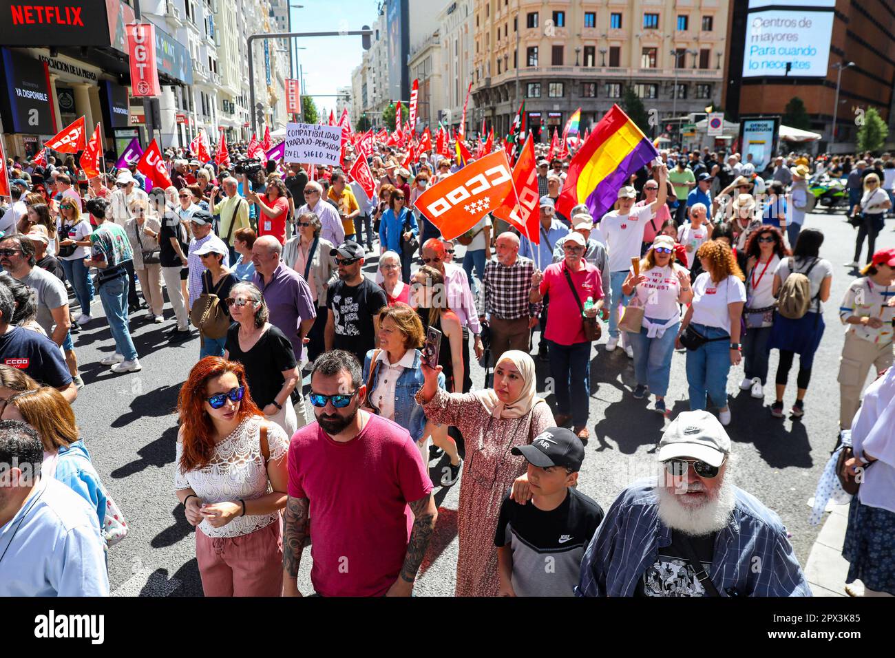Madrid, Spain. 01st May, 2023. Thousands of protesters march along Gran ...