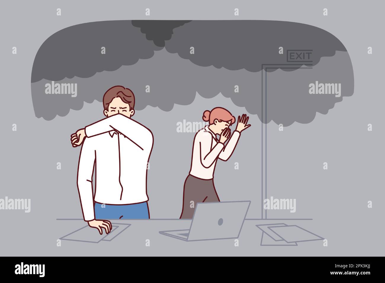 Office workers are evacuated from burning building during fire or smoke ...