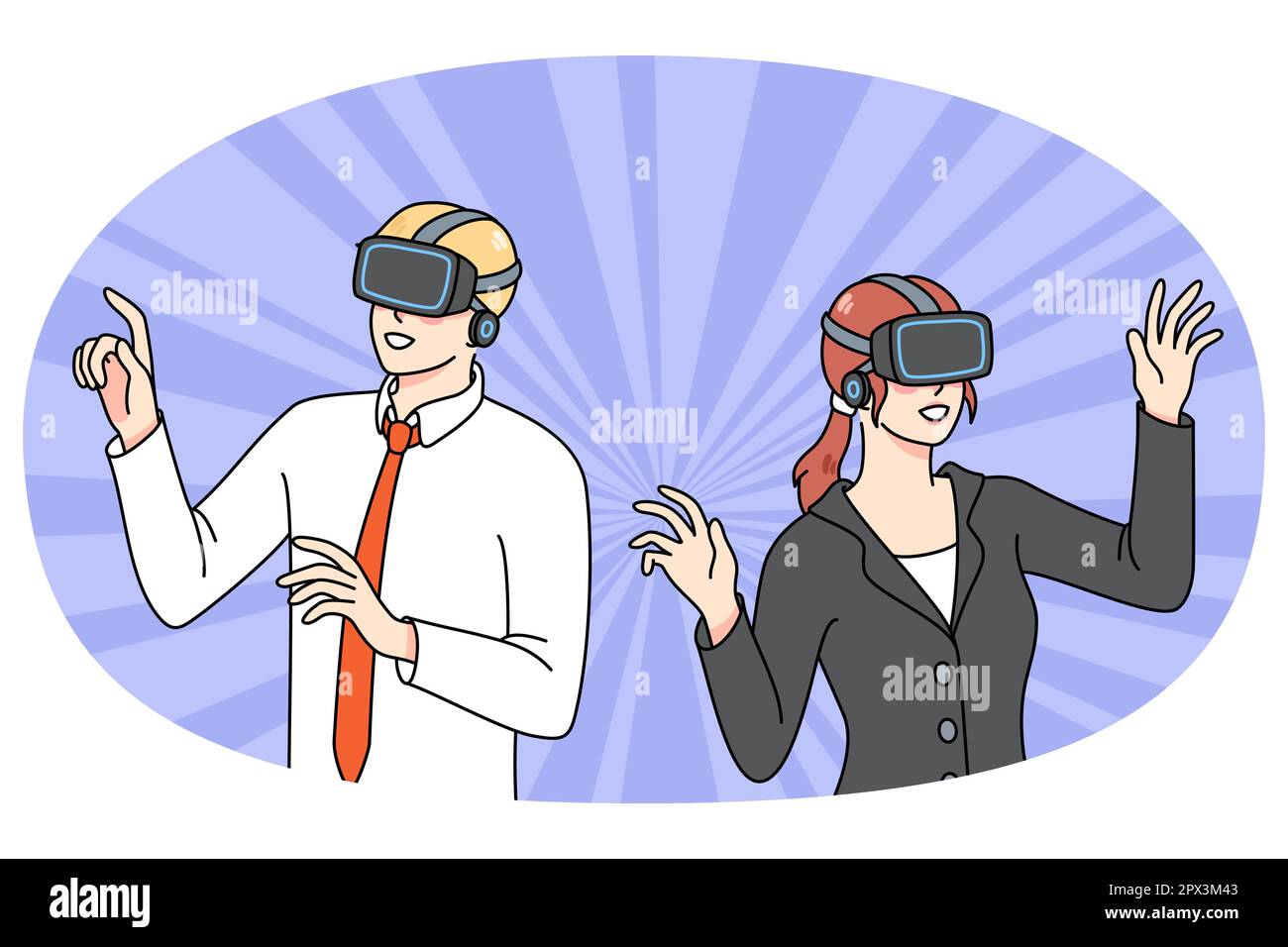 Diverse businesspeople in VR glasses explore new reality surroundings ...
