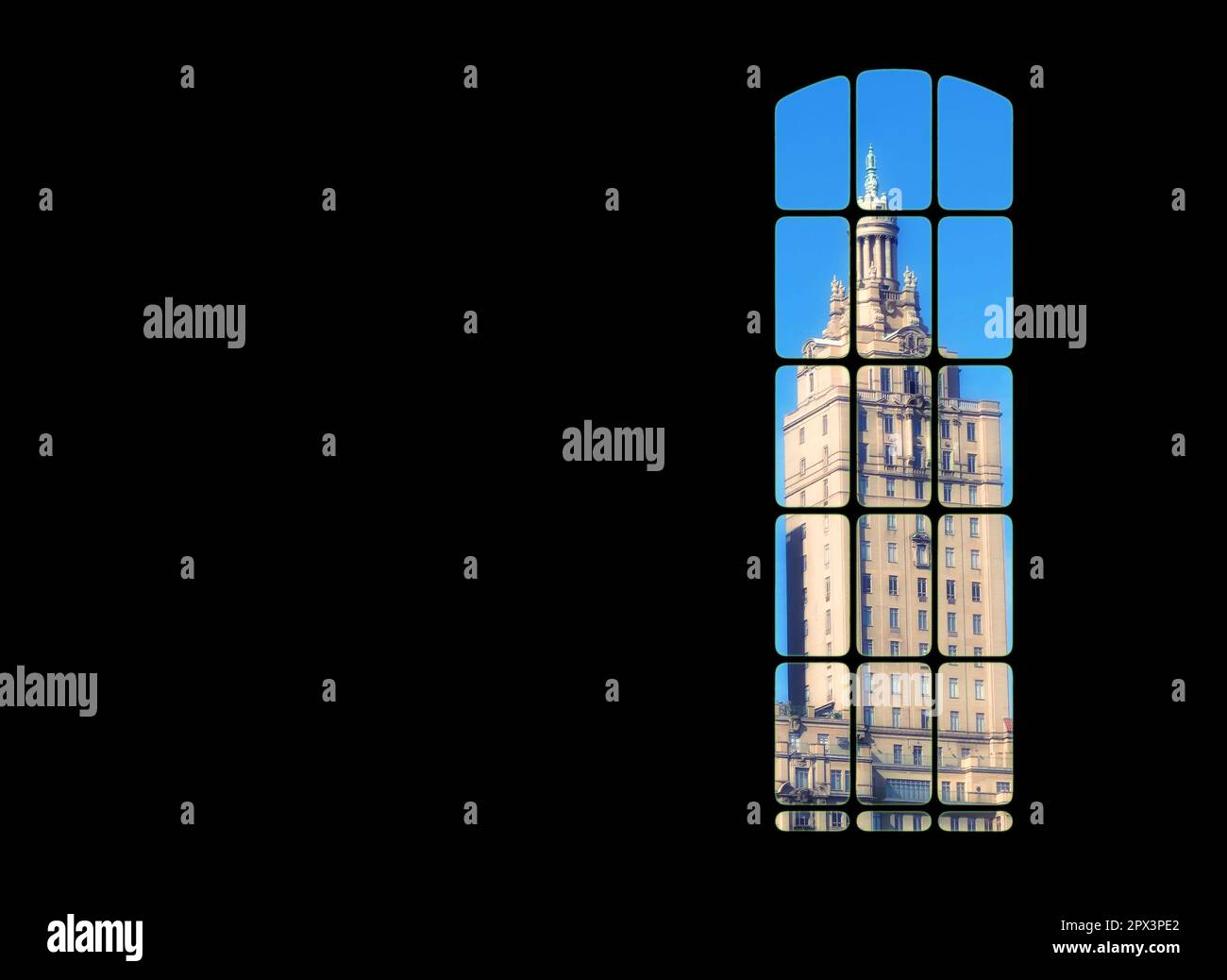 View from inside big window grid looking out at a traditional ...