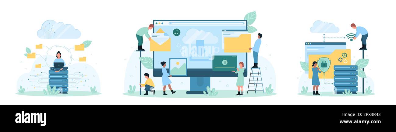Cloud data storage and security set vector illustration. Cartoon tiny people upload folders and ...