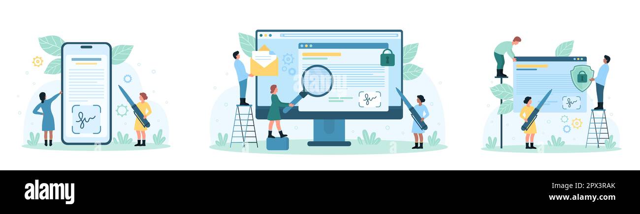 Digital signature set vector illustration. Cartoon tiny people sign ...