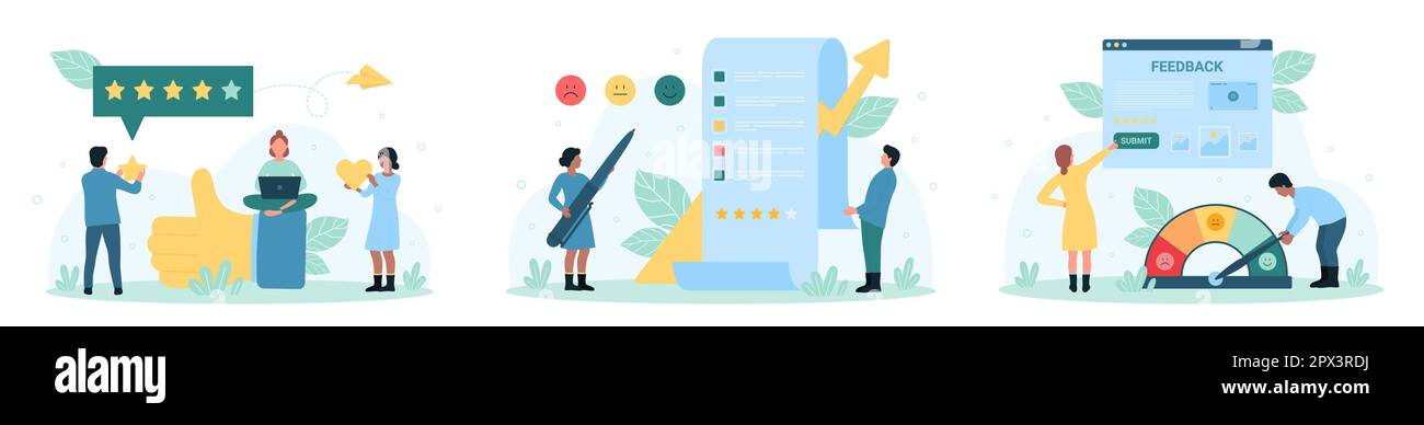 Customers feedback service set vector illustration. Cartoon tiny people ...