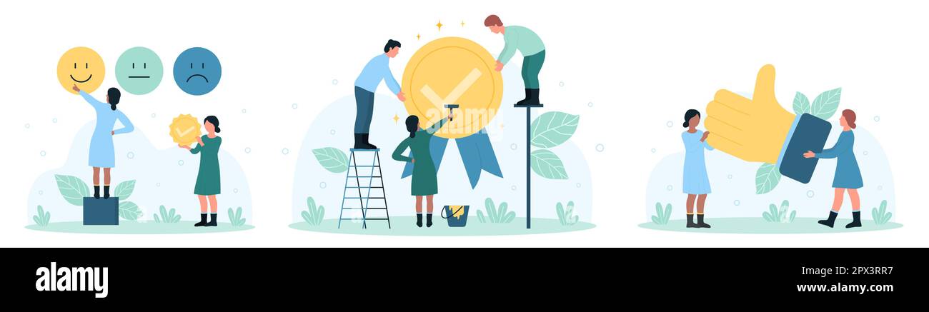 Customers feedback set vector illustration. Cartoon tiny people holding ...