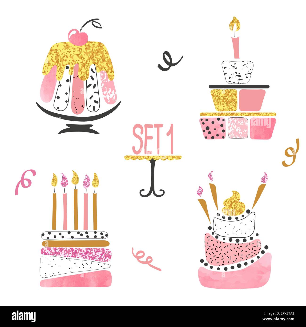 Set of watercolor Birthday cakes. Vector illustration Stock Vector ...