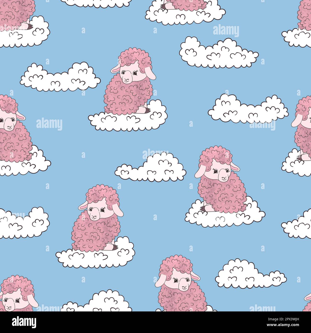 Cute pink sheep and clouds seamless pattern. Vector background for kids ...