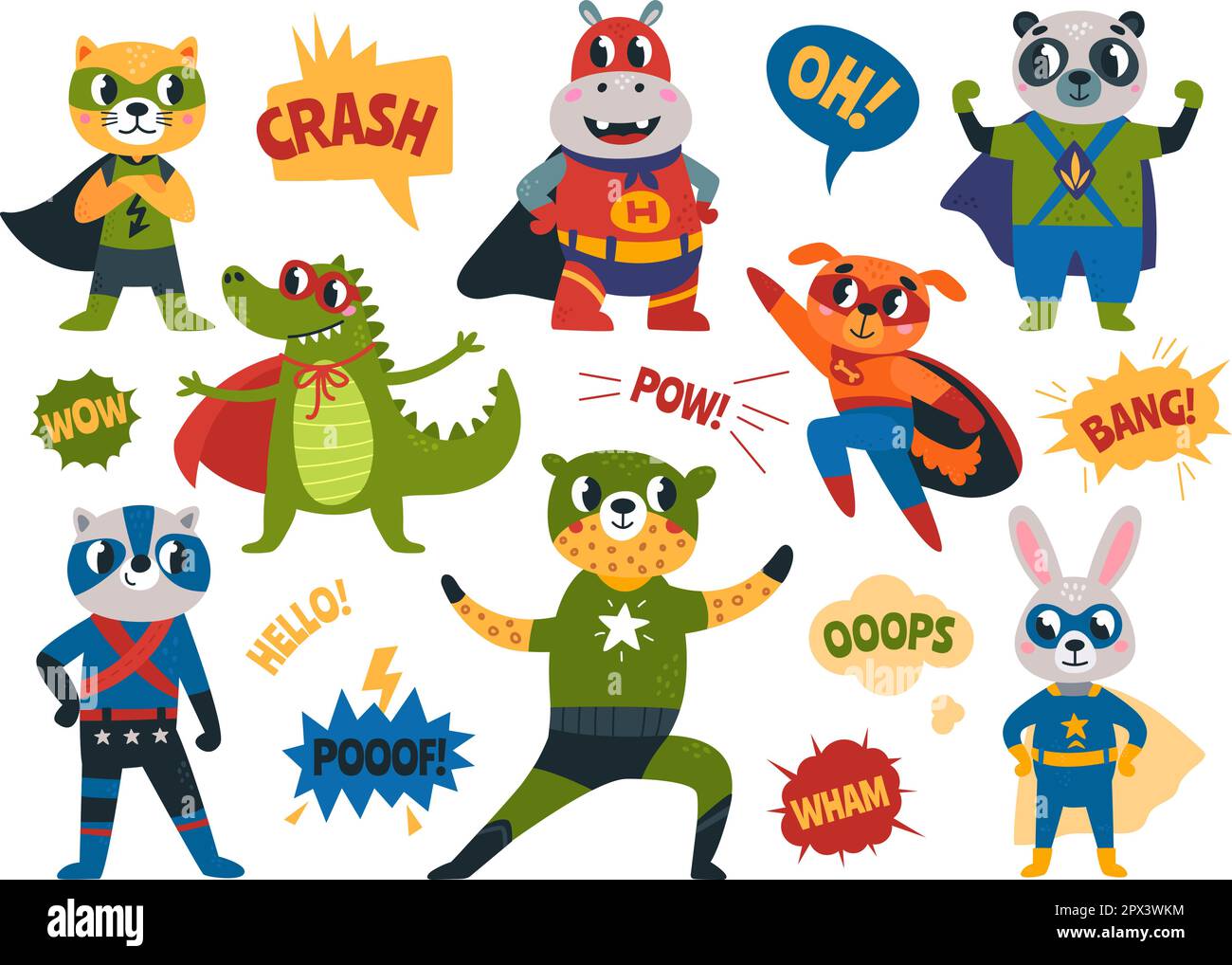 Cartoon animals superhero stickers. Baby animal hero with super power ...