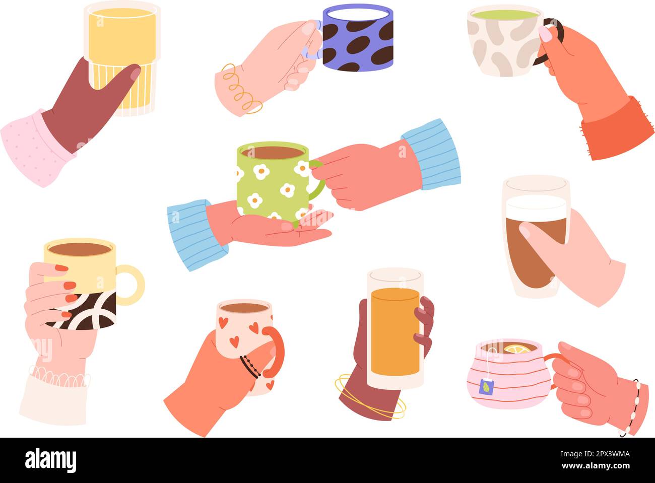 Hand hold coffee, hands holding beverages. Friends drinking, tea cup ...