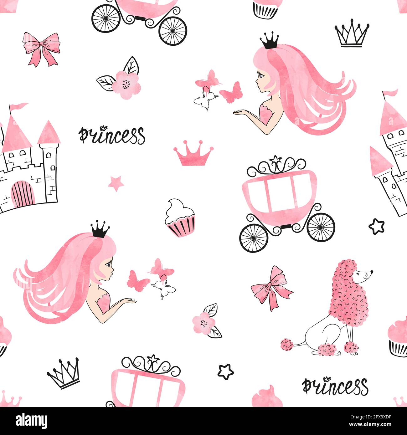 Seamless Princess pattern with cute girls, castles and carriages. Vector background Stock Vector ...