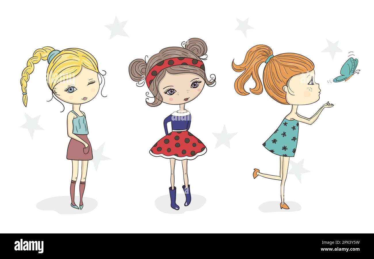 Set of cute cartoon fashion girls. Vector illustration for kids Stock ...