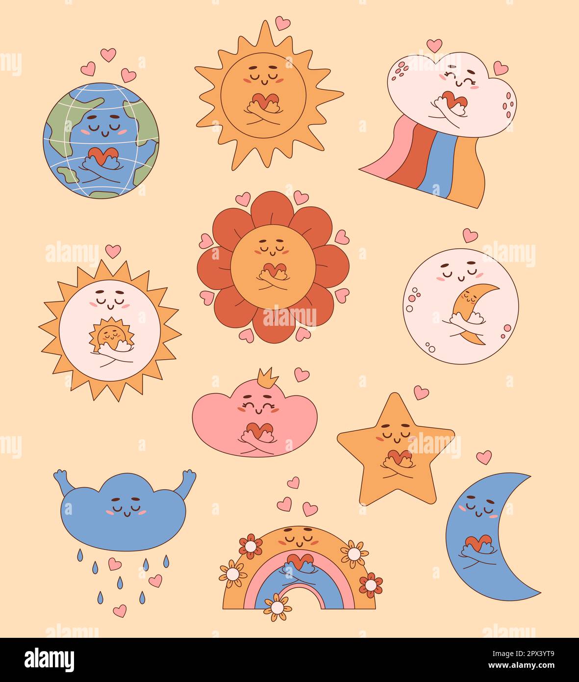 Groovy retro cartoon characters weather. Cute enamored sun, moon, cloud ...