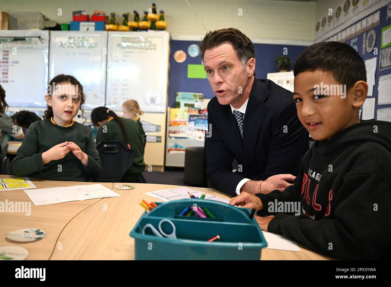 NSW Premier Chris Minns speaks to students during a visit to Lethbridge ...