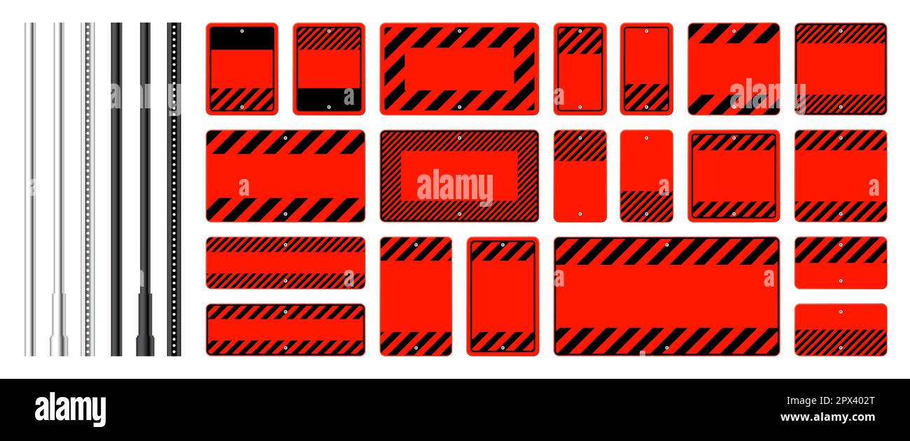 Warning, danger signs, attention banners with metal poles. Blank red ...